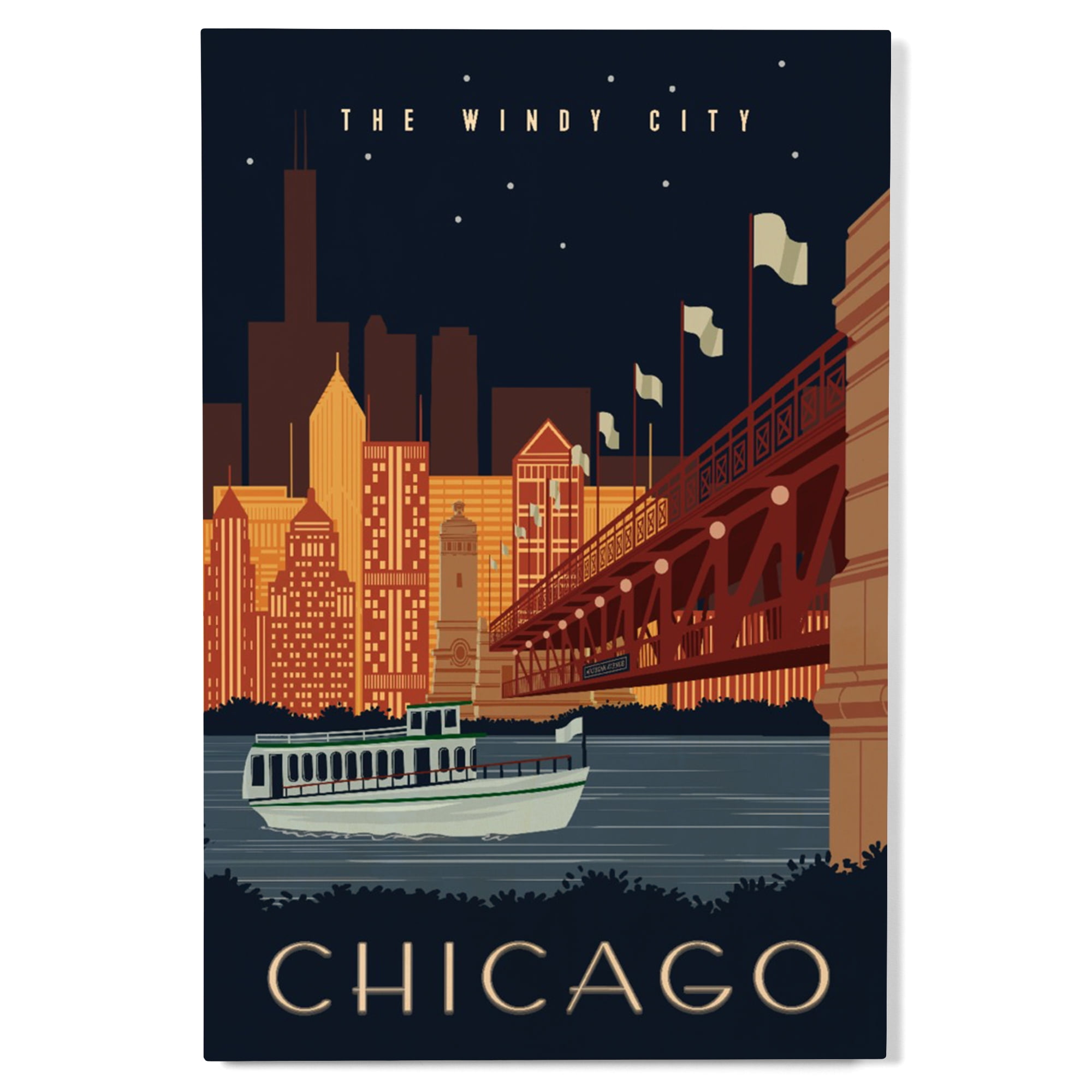Chicago, Illinois, Vector, Ferry and Skyline Across Water Birch Wood ...