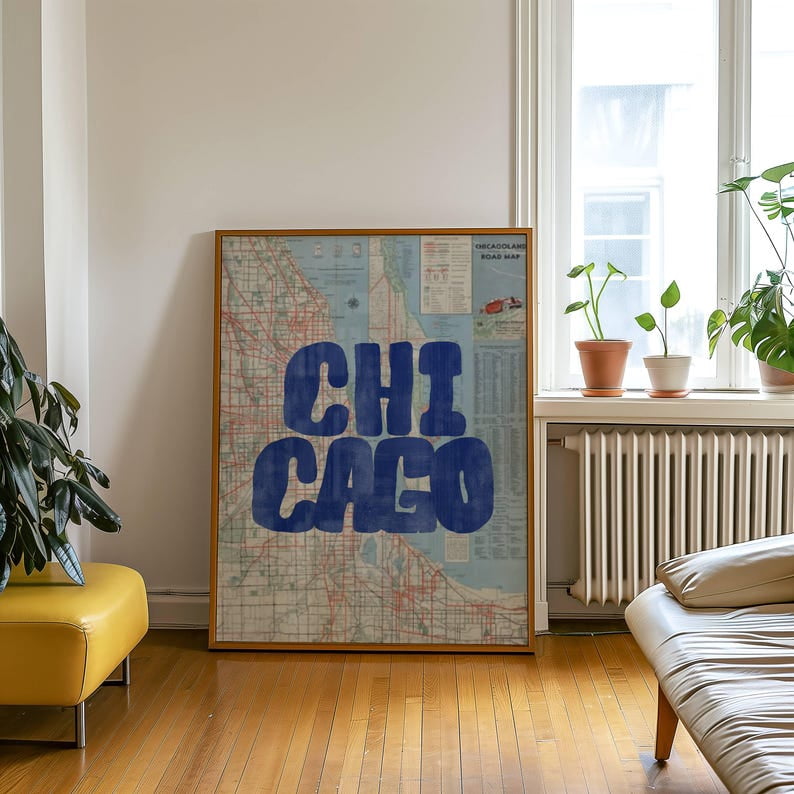 Chicago Illinois Vintage Road Map Typography Art Poster 24x36 UNFRAMED ...