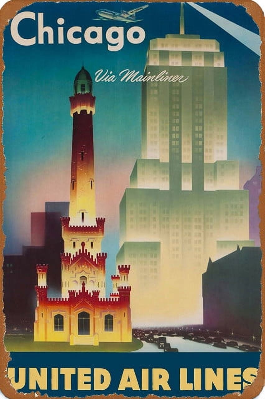 Chicago by Mainliner United Air Lines U.S. Vintage Travel Art Print ...