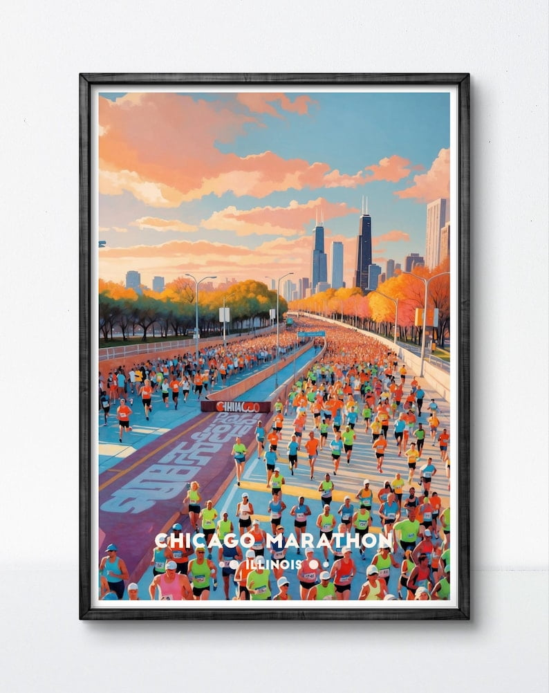 Chicago Marathon Poster – Skyline Race Scene, Running Event Art Print ...