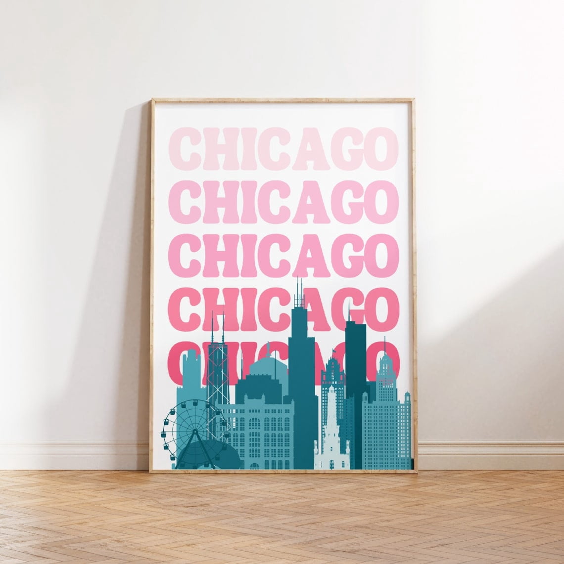 Chicago Pink Blue Travel City Wall Art, Stretched Canvas Size 16x24 ...