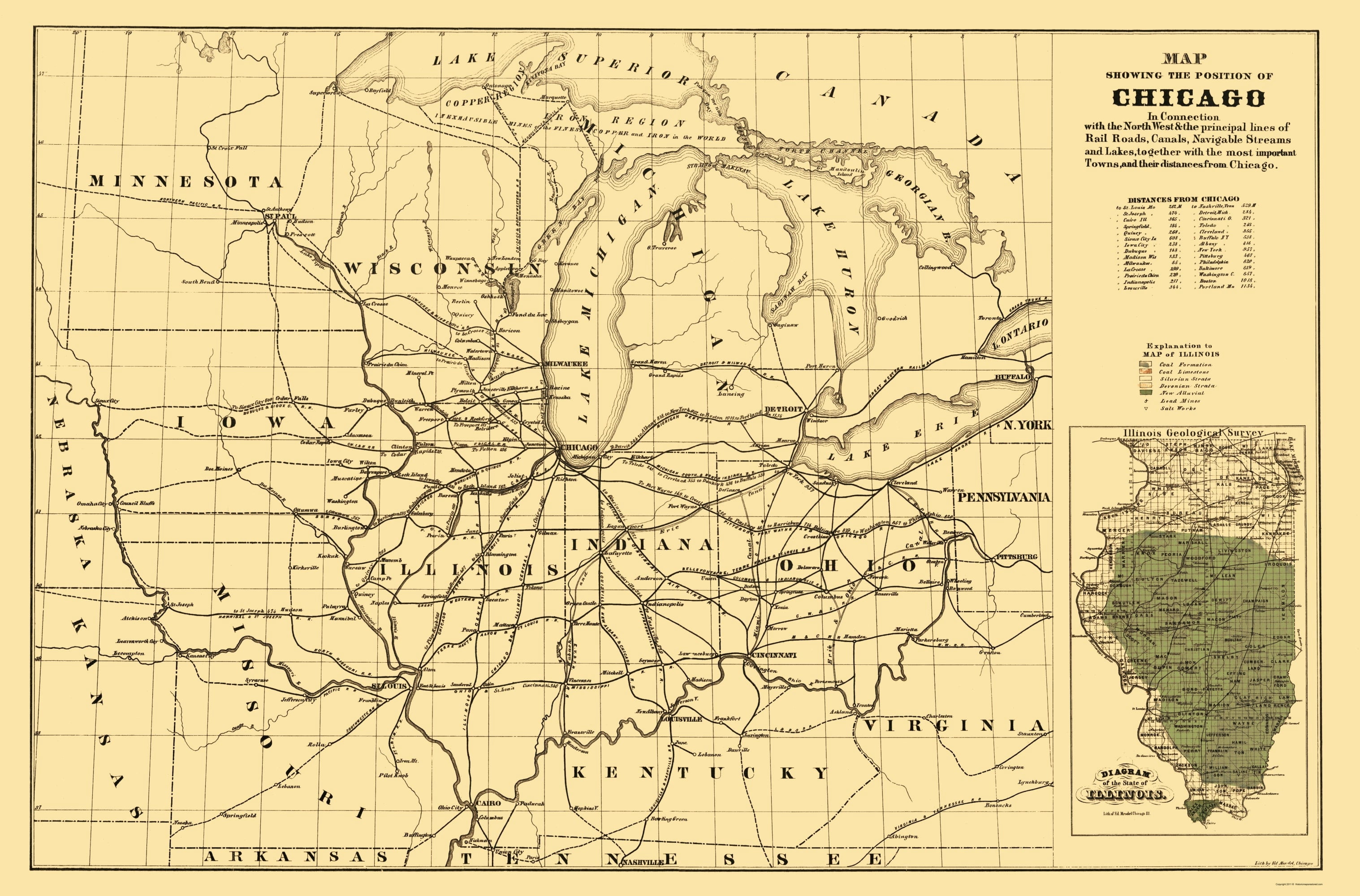 Railroad Map - Chicago Railroads - Mendel 1850 - 23 x 34.91 - Vintage ...