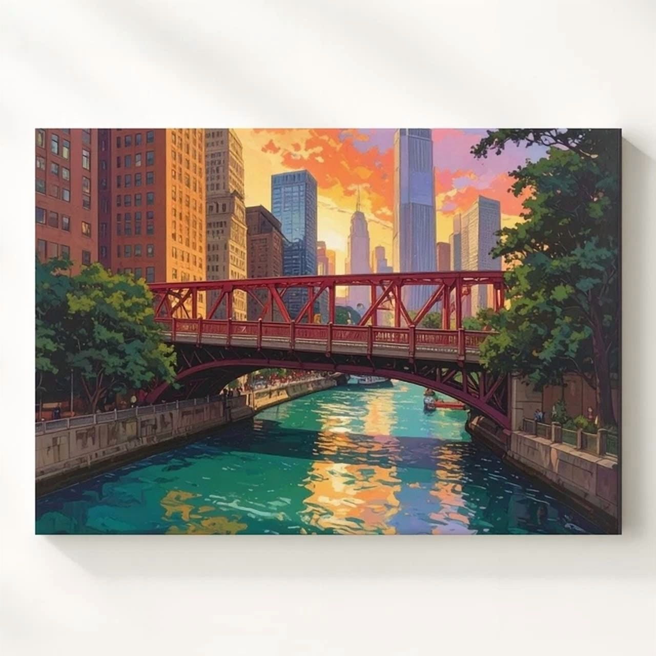 Chicago River Sunset Bold Urban Skyline With Red Bridge Wall Art Modern ...