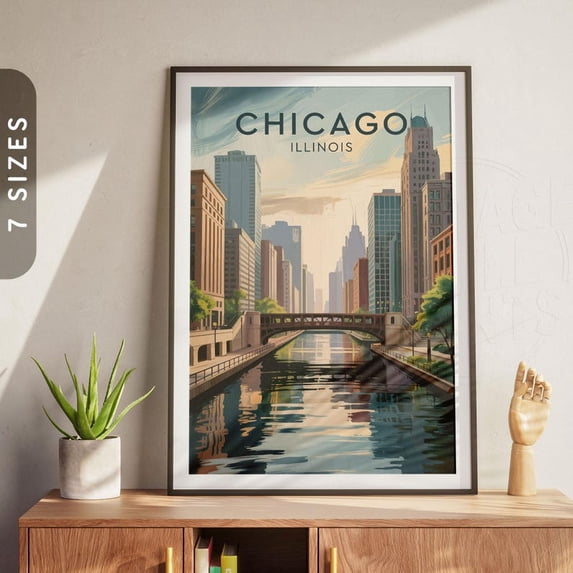 Chicago Riverwalk Cityscape Illustration Travel Art Poster 16x24 ...