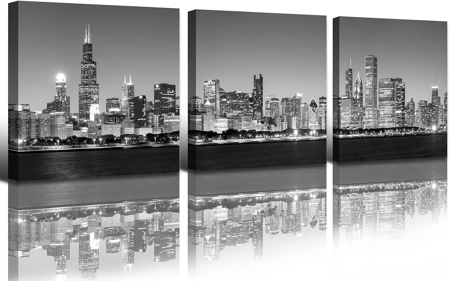 Chicago Skyline Canvas Wall Art - Black and White Night Buildings ...