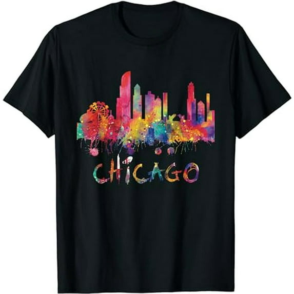 Chicago Skyline Cityscape Watercolor Chicago Flag Illinois T-Shirt ...