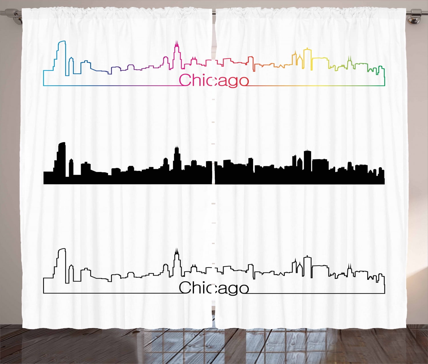 Ambesonne Chicago Skyline Curtains 2 Panel Set, City Panorama, 108" x ...