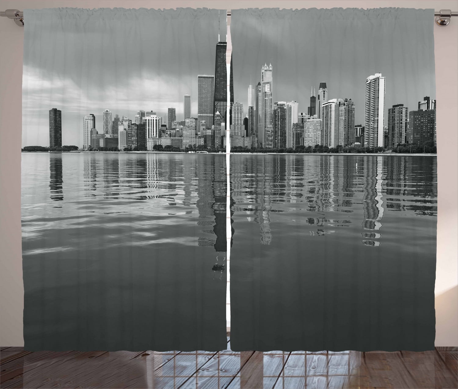 Ambesonne Chicago Skyline Curtains 2 Panel Set, Harbor Coastal Town ...