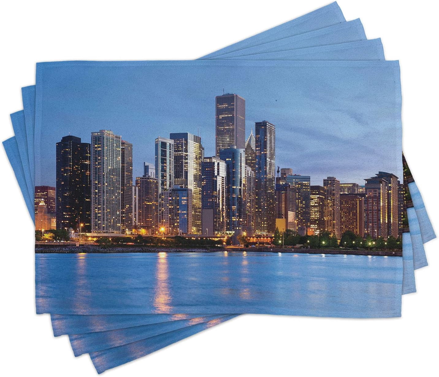Chicago Skyline Place Mats Set of 4, Sunset in Big City with Dramatic ...