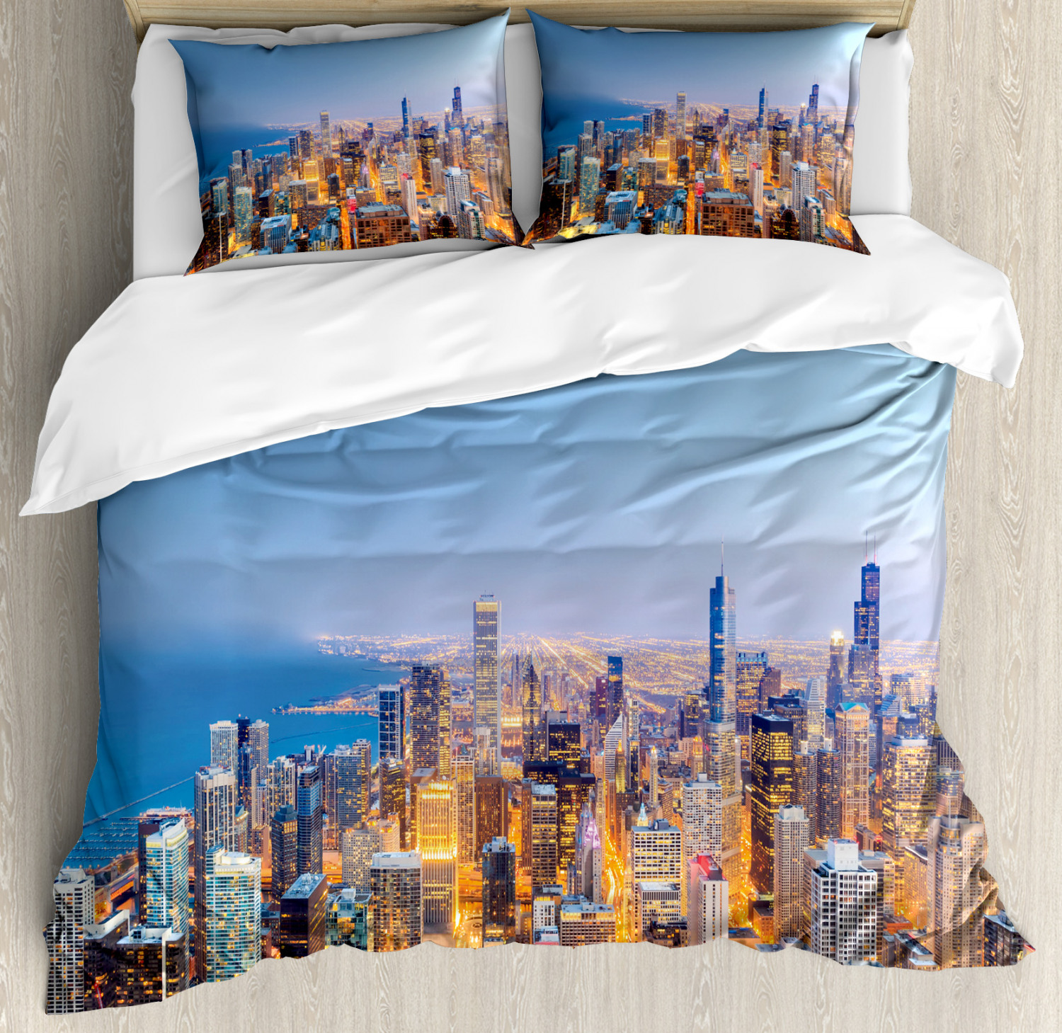 Chicago Skyline Queen Size Duvet Cover Set, Aerial View of Town with ...