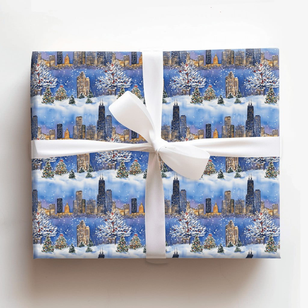Chicago Skyline Snowy Winter Scene Christmas Holiday Gift Wrapping ...
