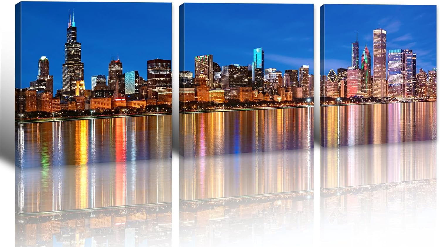 Chicago Skyline Wall Art - 3 Piece City Wall Decor Panoramic Cityscape ...