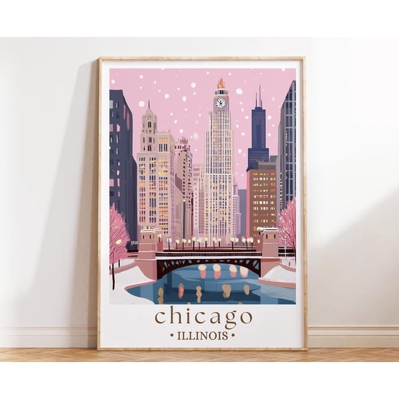 Chicago Skyline Winter Travel Poster, Snowy Cityscape Print, Wall Art ...