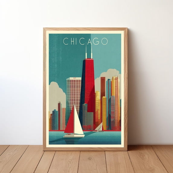 Chicago Travel City Skyline Retro US Wall Art Traveler Birthday Bedroom ...