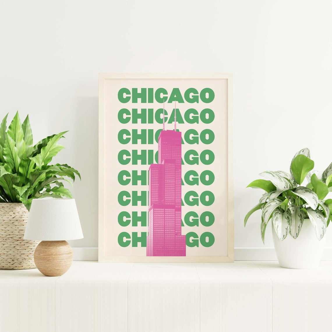 Chicago Travel Poster Pink Green Willis Tower Art Trendy Exhibition ...