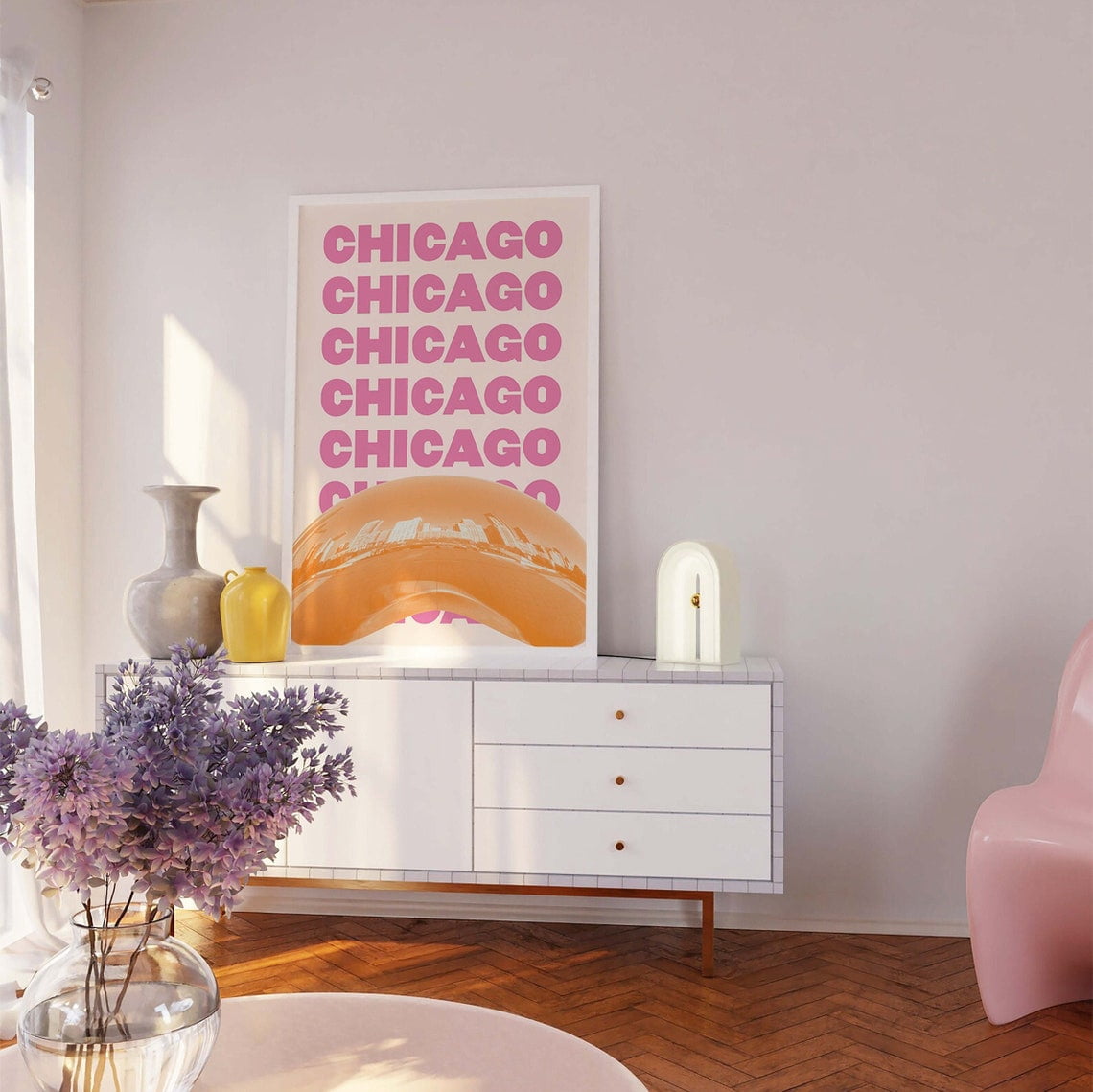 Chicago Travel Poster Pink Orange Bean Art Cute Dorm Trendy Wall Poster ...