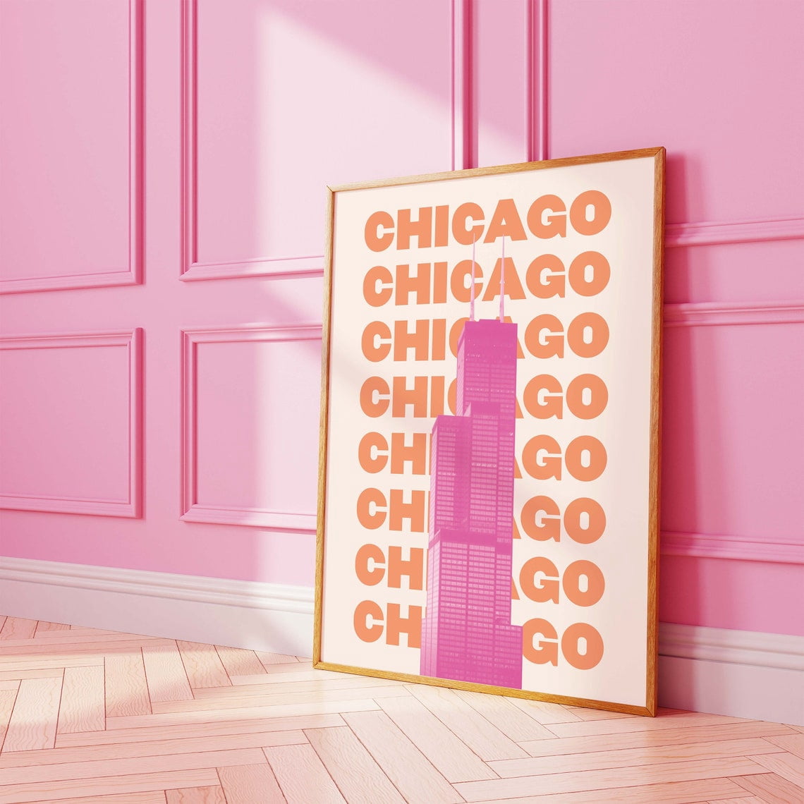 Chicago Travel Poster Pink Orange Willis Tower Art Trendy Exhibition ...