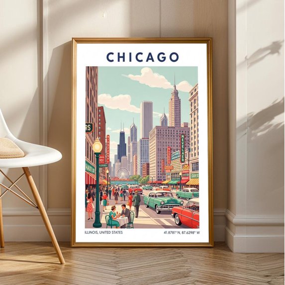 Chicago Travel Poster: Retro Mid-Century Cityscape Art Print, Unframed ...
