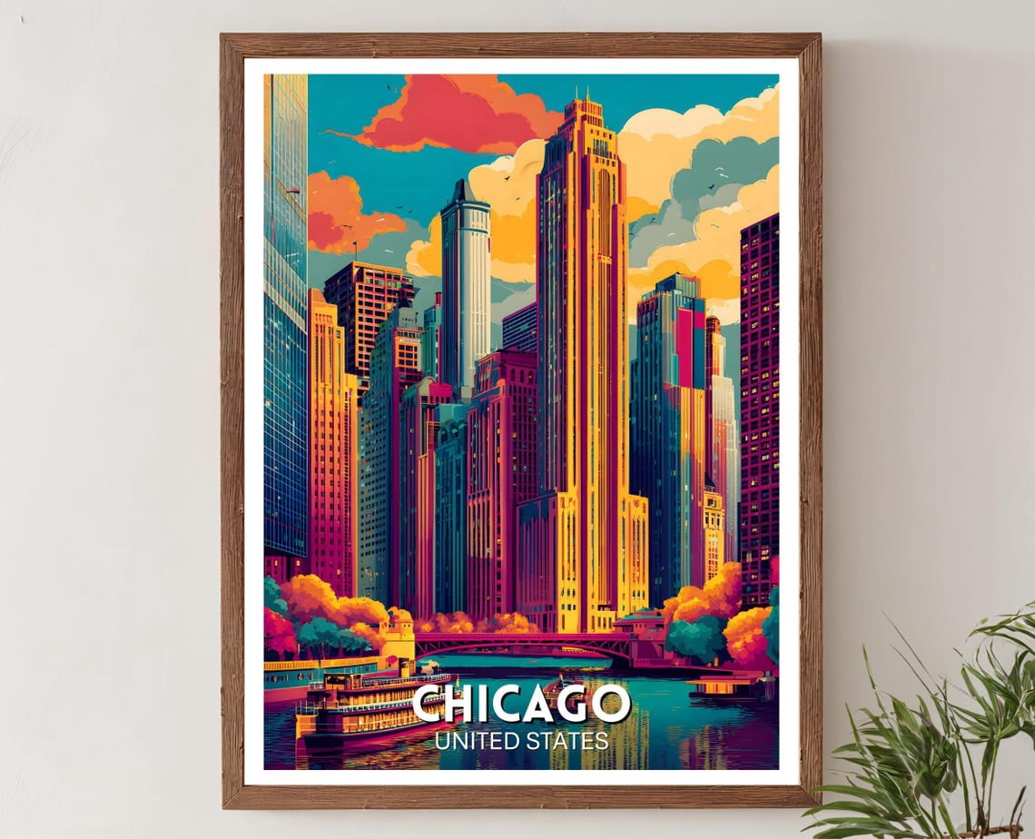 Chicago Travel USA City Illinois Artwork Retro Vintage Layout, Unframed ...