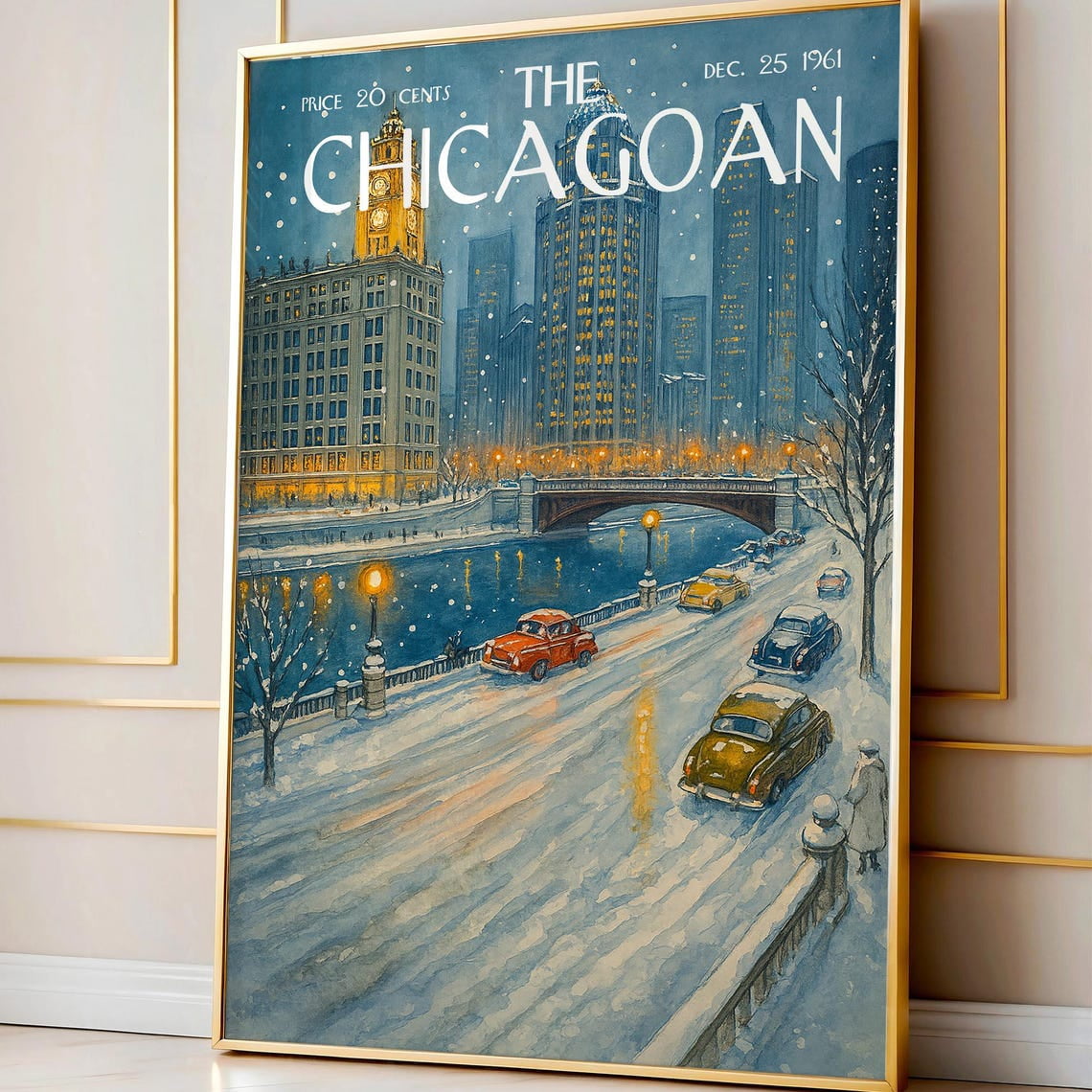 Chicago Winter Scene Poster, Cityscape, Retro Chicago River Wall Art ...