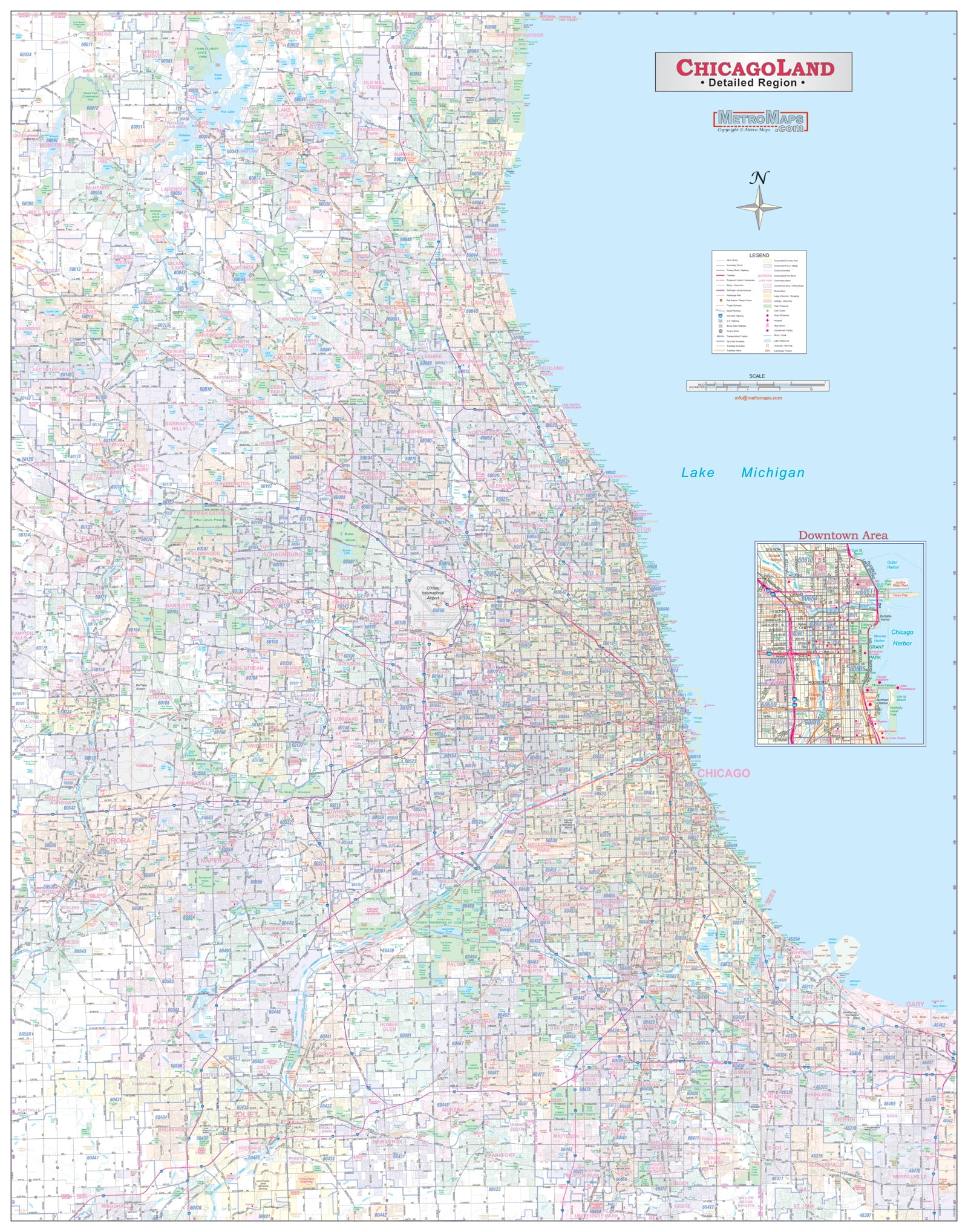 ChicagoLand Detailed Region Chicago Wall Map (44"x56") with Zip Codes ...