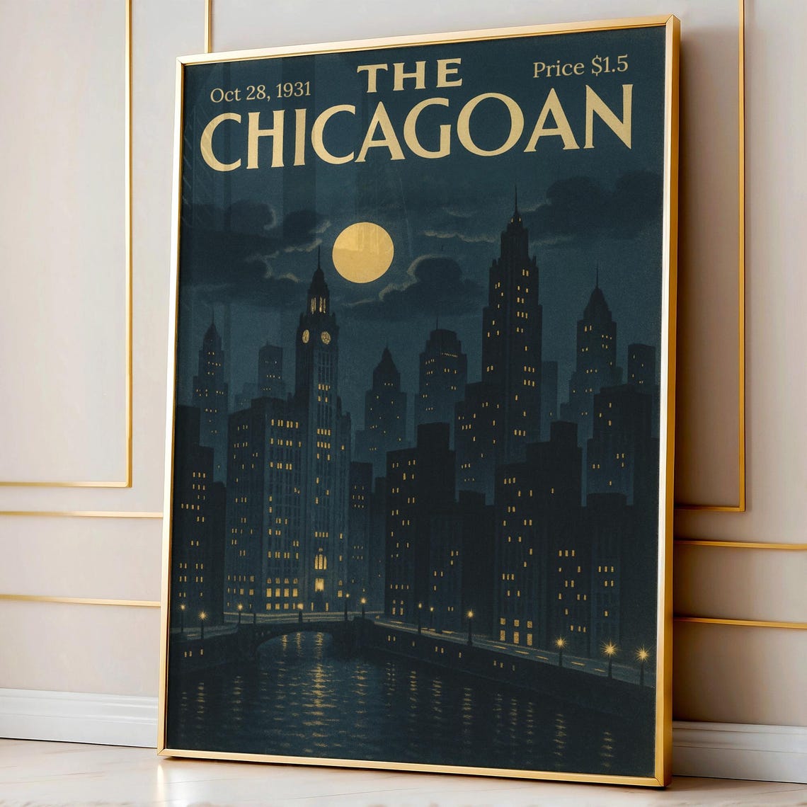 Chicagoan Night Cityscape Poster, Vintage Magazine Cover Printable ...