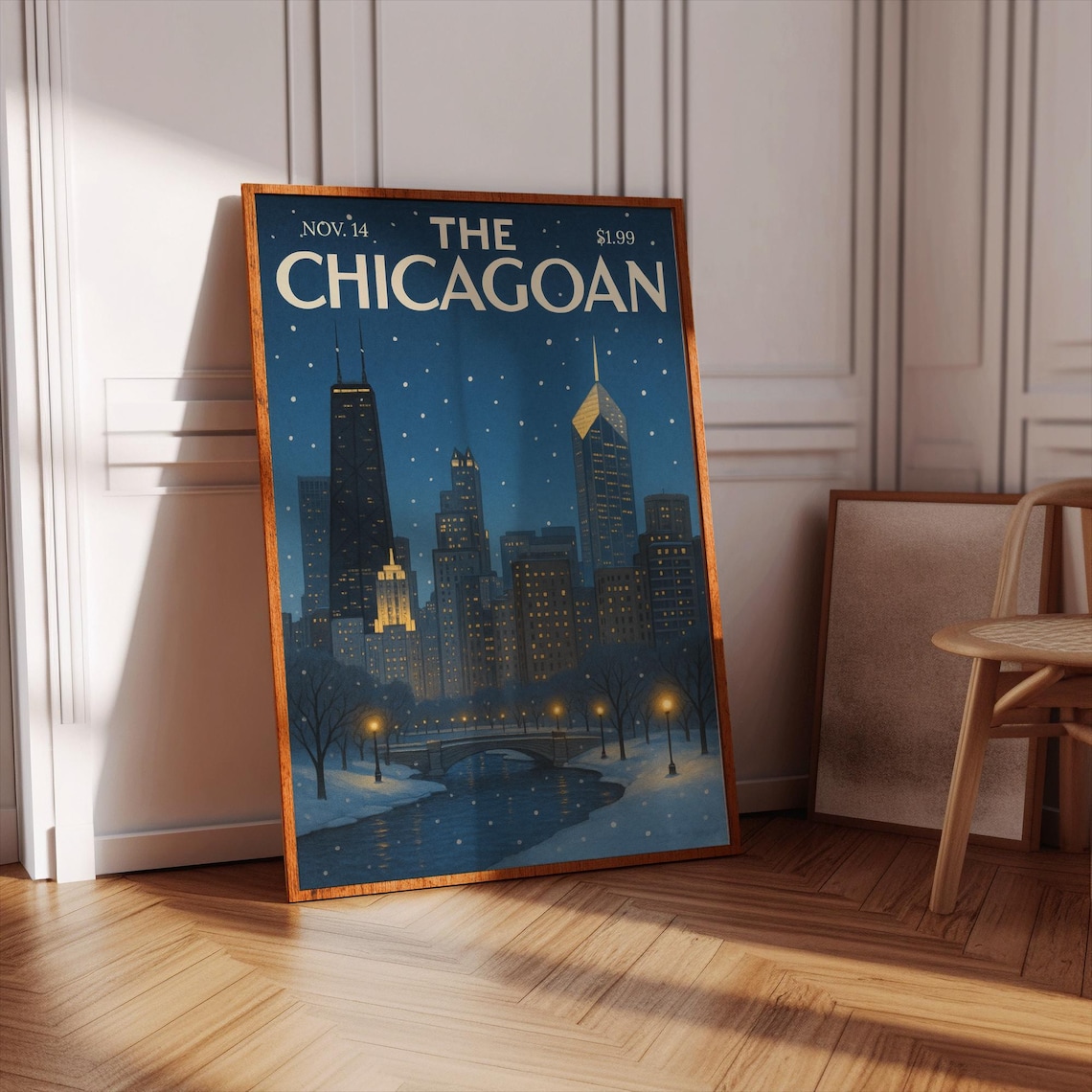 Chicagoan Skyline Poster, Vintage Winter Snow Scene Printable, Mid ...