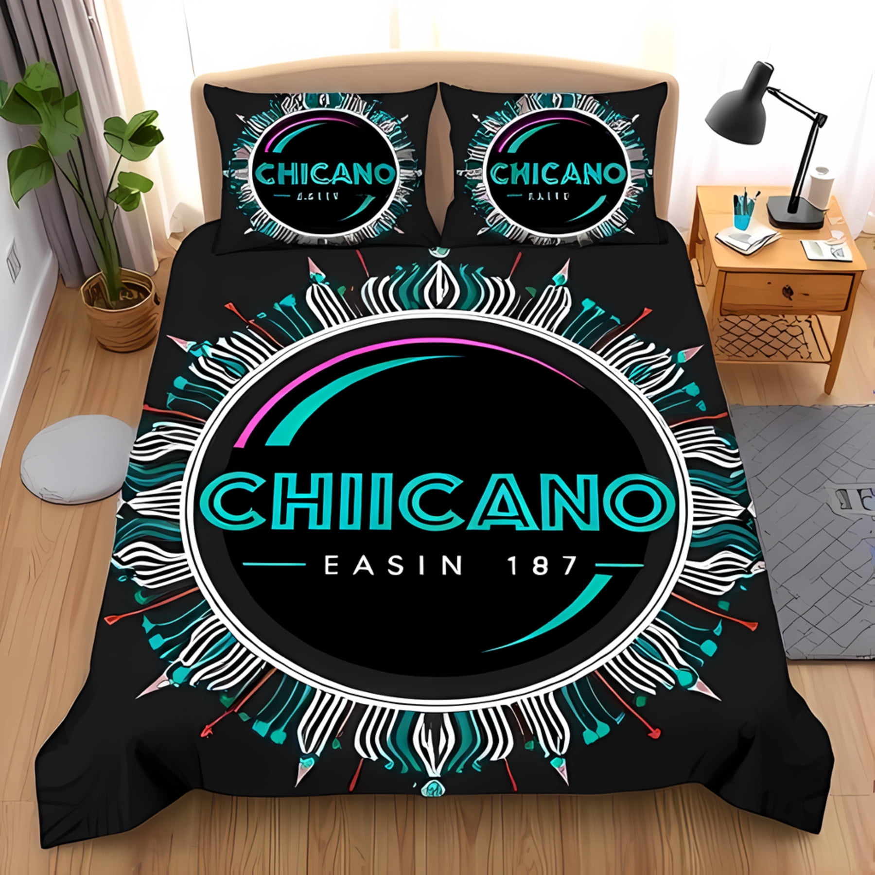 Chicano Easin 187 3-Piece Duvet Cover Set - Modern Black Bedspread White Circular Design ...