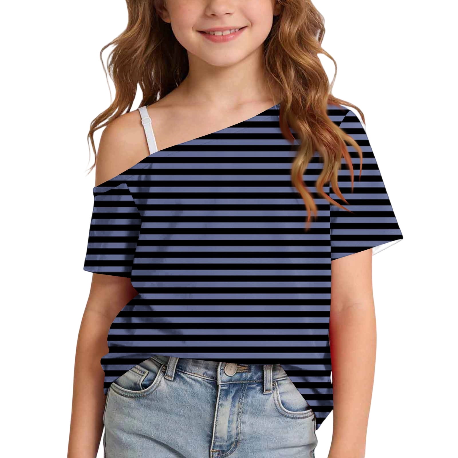 Chiccall Big Girls Off Shoulder Striped Tee Tops Trendy Oversized ...