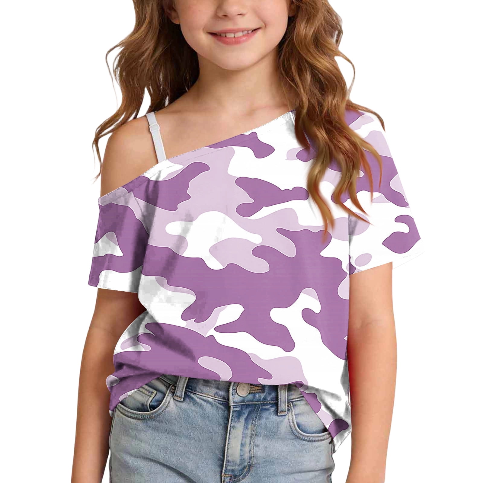 Chiccall Big Girls Off Shoulder Tee Tops Trendy Oversized Camouflage ...