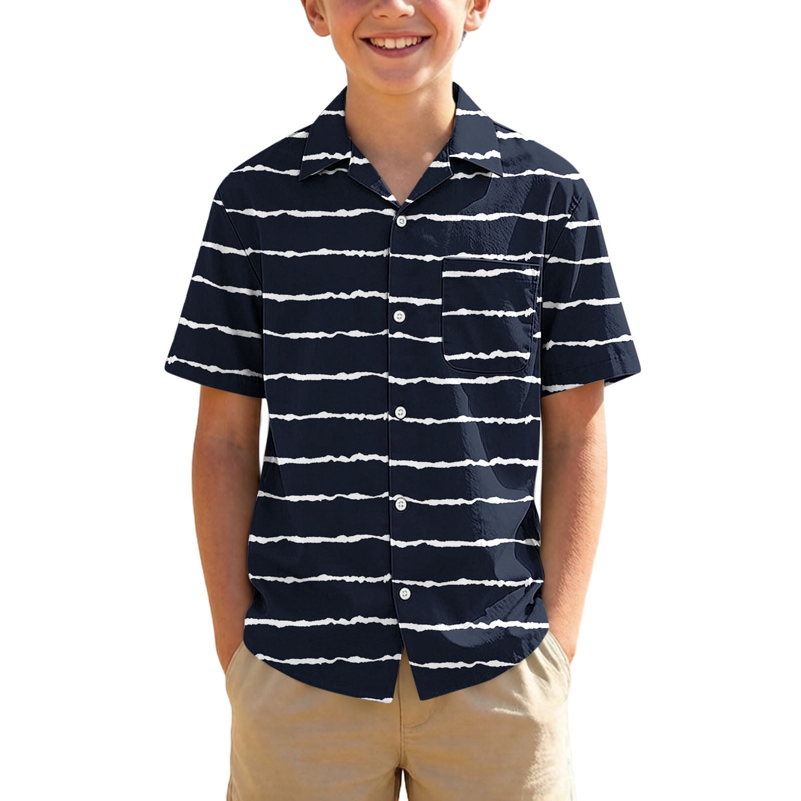 Chiccall Boys and Girls Cuban Collar Shirt Short Sleeve Buttons Pockets ...