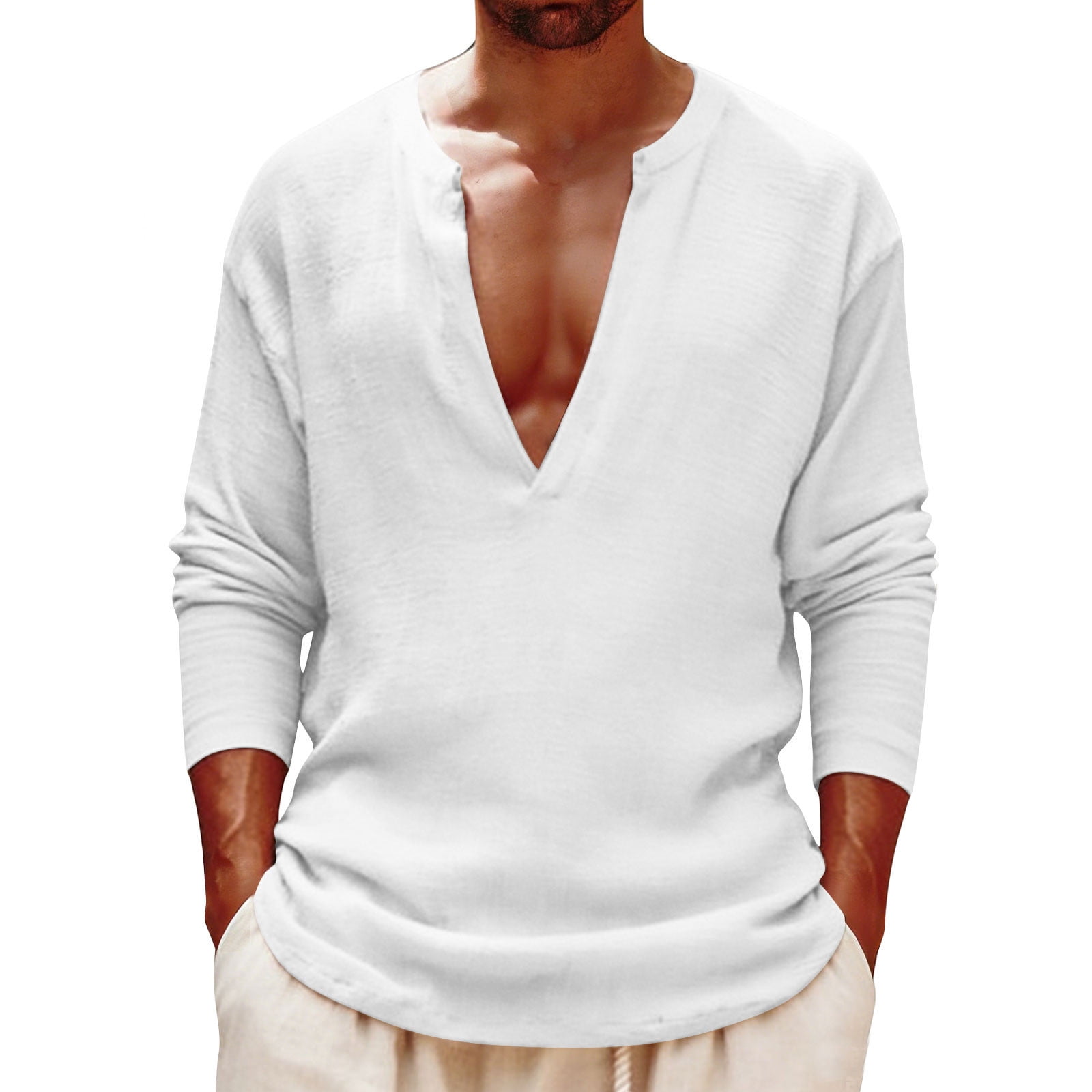 Chiccall Cotton Linen T Shirts for Men Casual Deep V Neck Long Sleeve ...