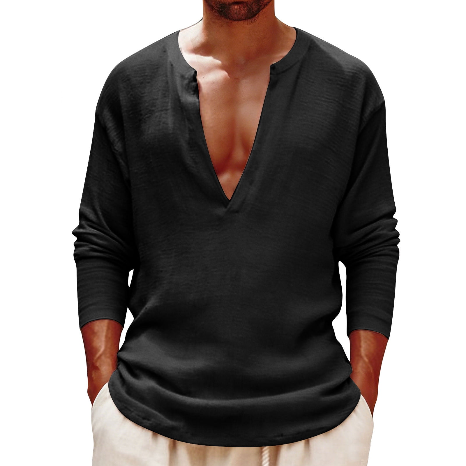 Chiccall Cotton Linen T Shirts for Men Casual Deep V Neck Long Sleeve ...