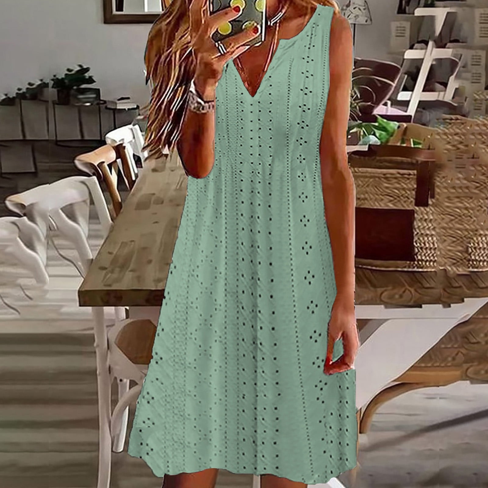 Chiccall Embroidery Eyelet Boho Mini Dress Solid V Neck Sleeveless Knee ...
