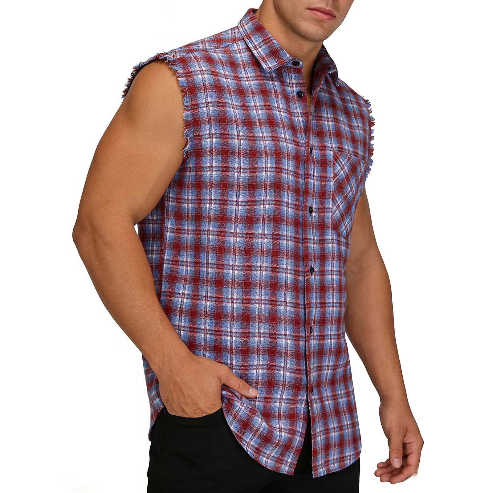 Chiccall Flannel Plaid Sleeveless Shirts for Men Casual Button Down ...