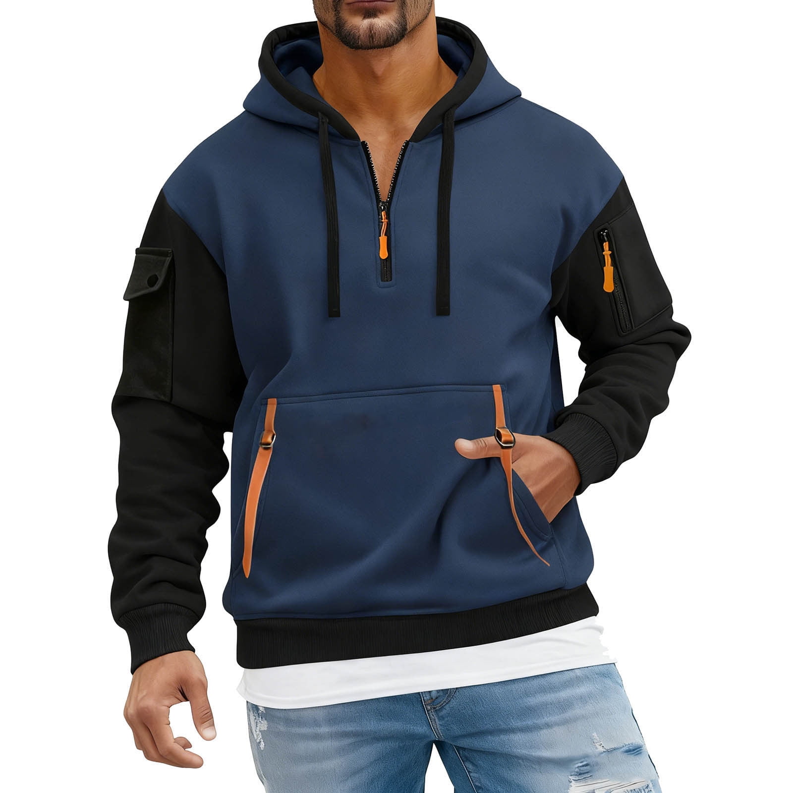 Chiccall Hoodies for Men Fleece Casual Loose Colorblock Quarter Zip ...