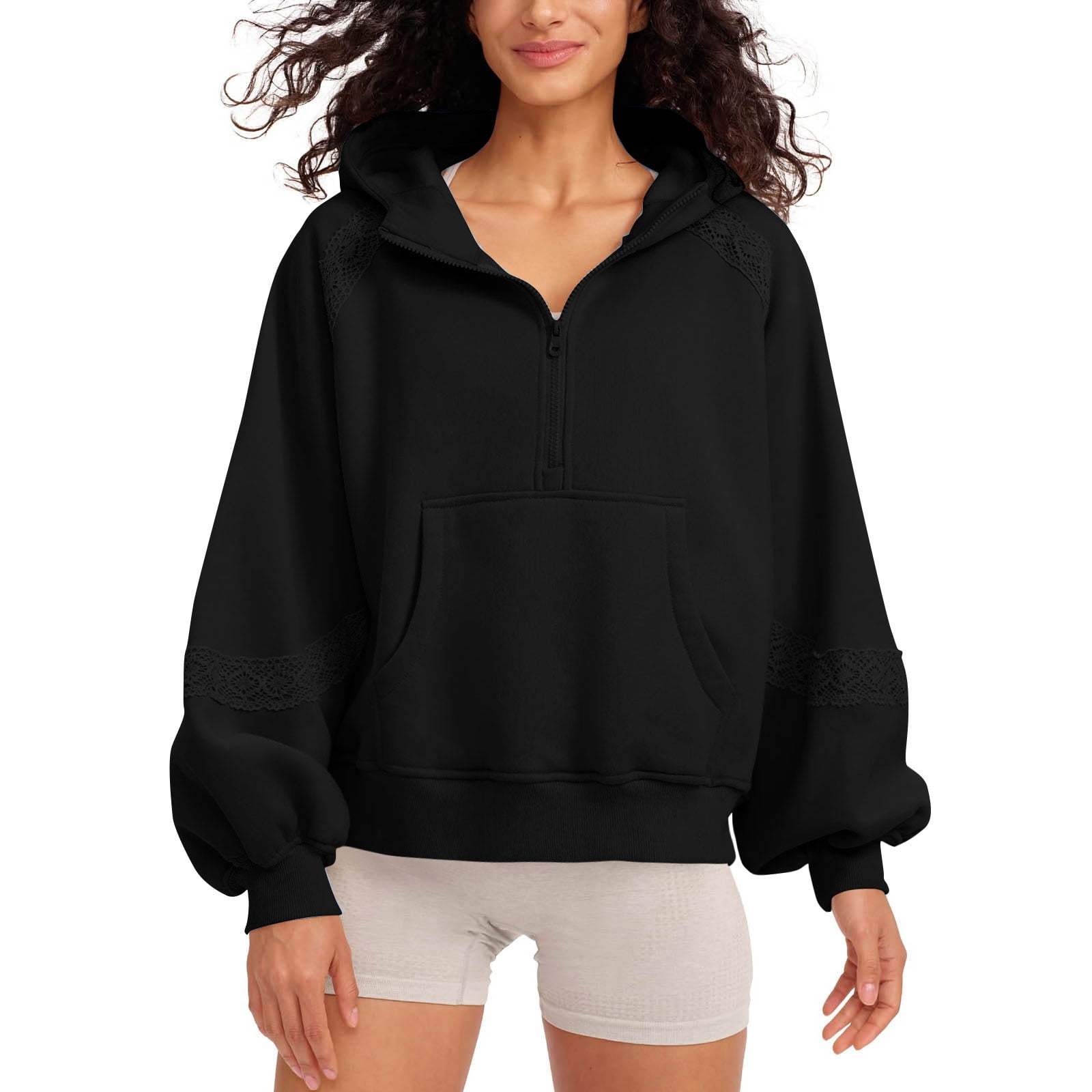 Chiccall Hoodies for Women Half Zip Up Cropped Sweatshirts Jackets Lace ...