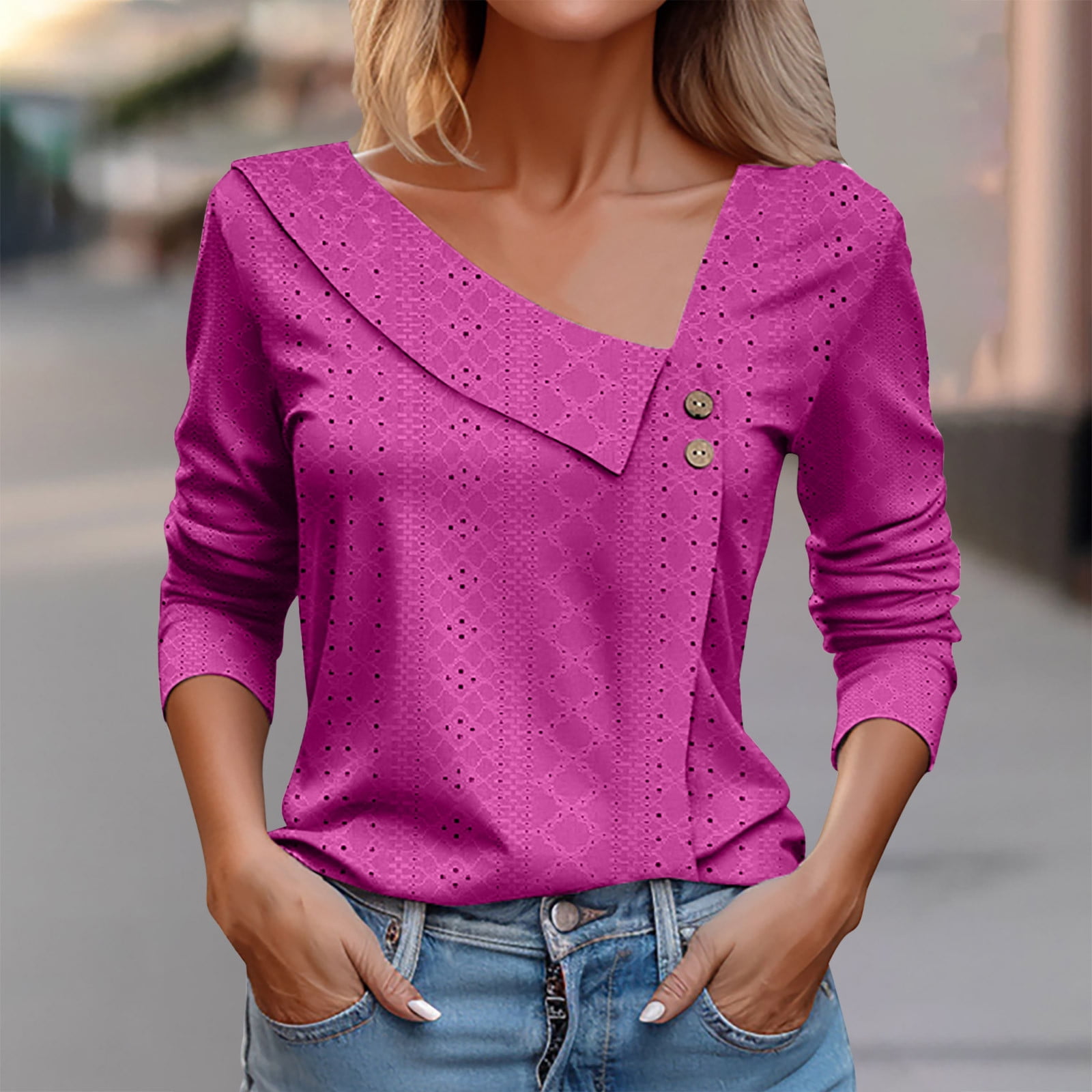 Chiccall Long Sleeve Eyelet Tops for Womens Solid V Neck Dressy Casual ...