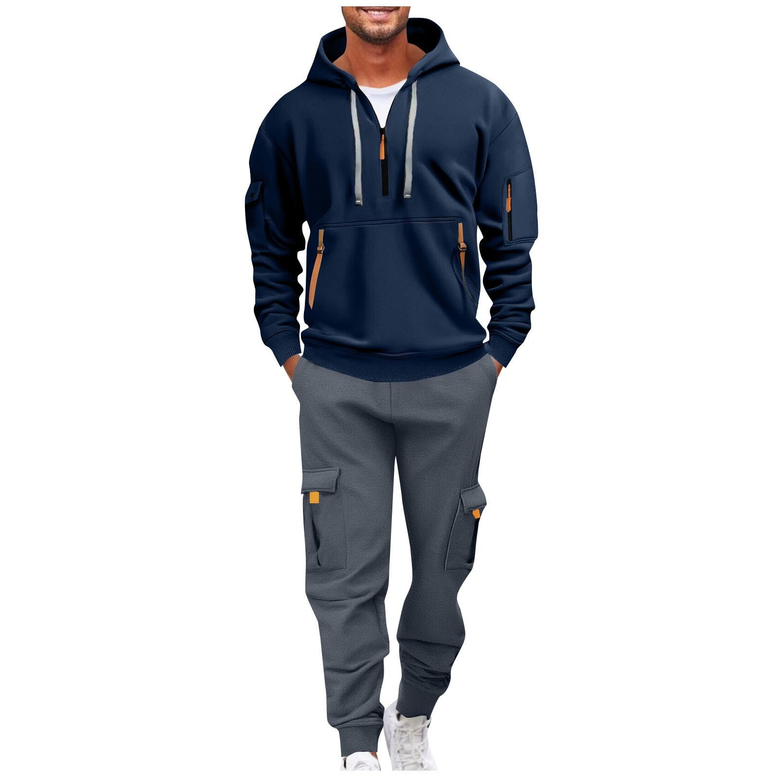 Chiccall Men's Cargo Tracksuit 2 Piece Quarter Zip Hoodie Fleece ...