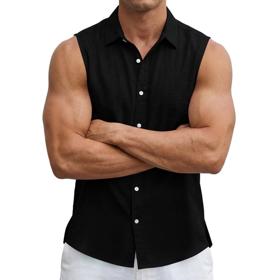 Chiccall Men's Cotton Linen Sleeveless Shirts Button Down Beach Tank ...