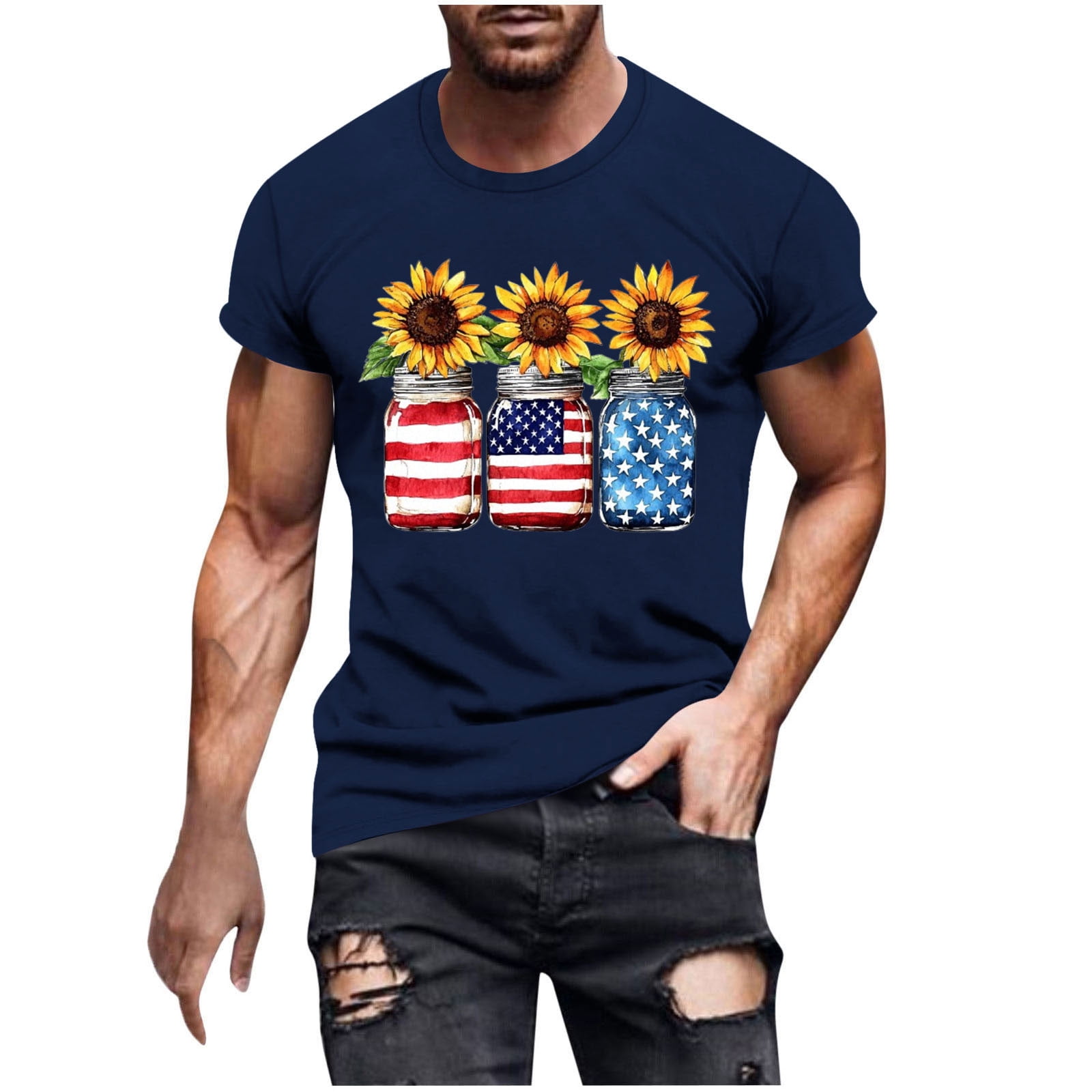 Chiccall Mens 4th of July Crew Neck Patriotic T-Shirts Independence Day American Flag Print ...