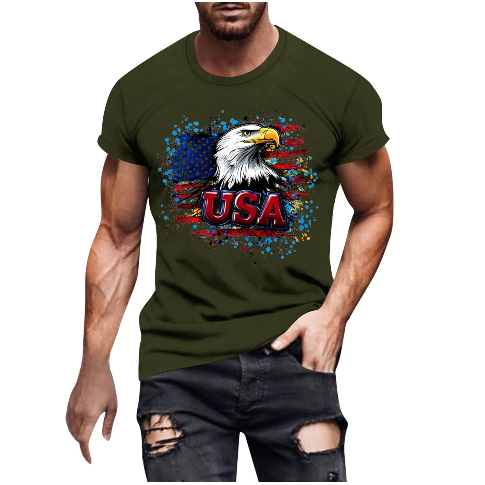 Chiccall Mens 4th of July Crew Neck Patriotic T-Shirts Independence Day American Flag Print ...