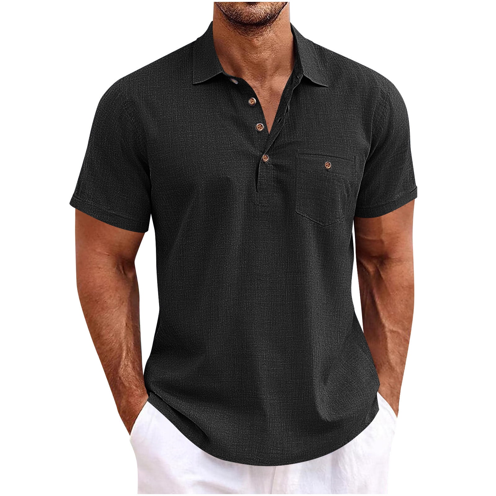 Chiccall Mens Button up Shirts Short Sleeve V Neck Classic Fit Tees Solid Casual Summer Beach ...
