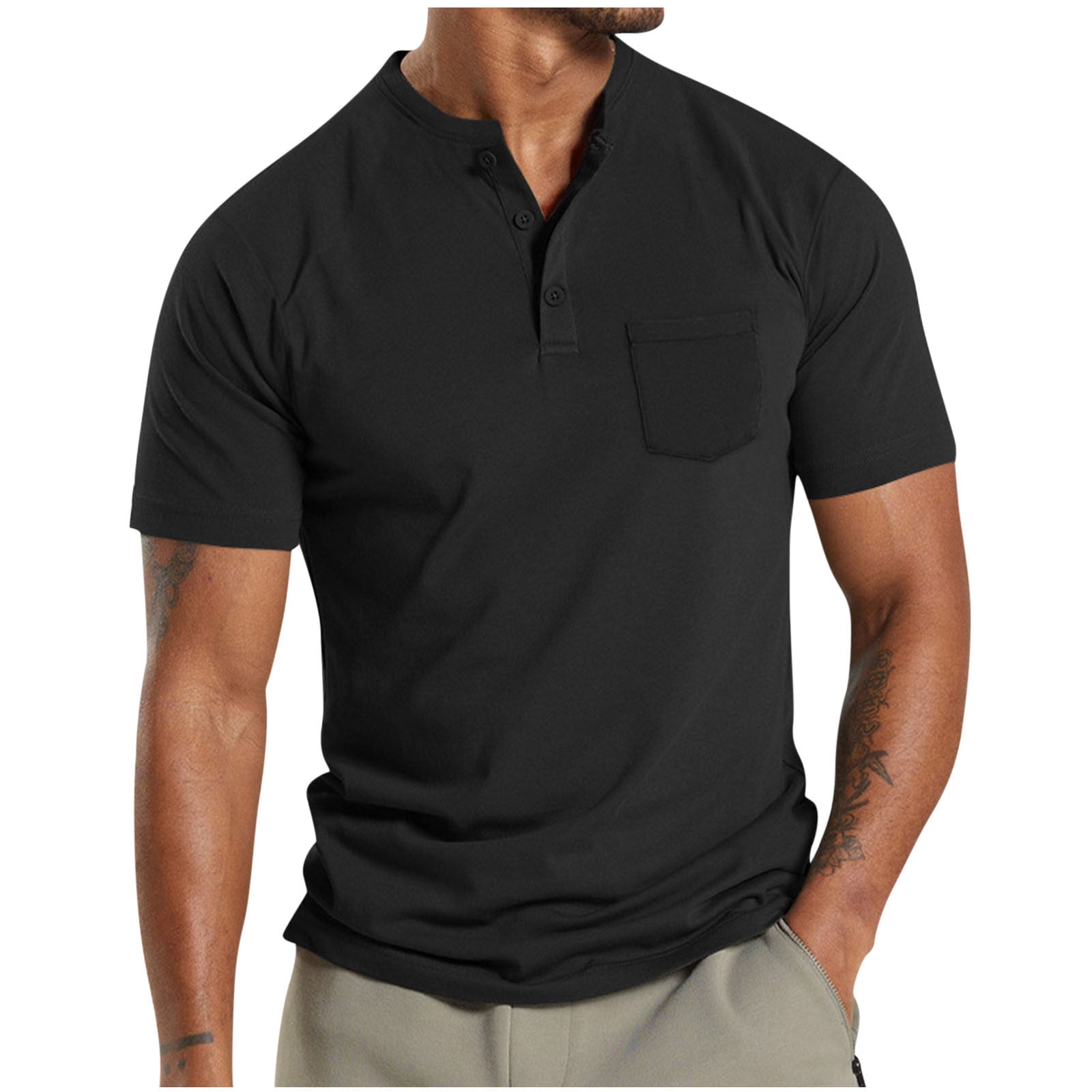 Chiccall Mens Collarless Shirts Button up Pocket Short Sleeve Shirts ...