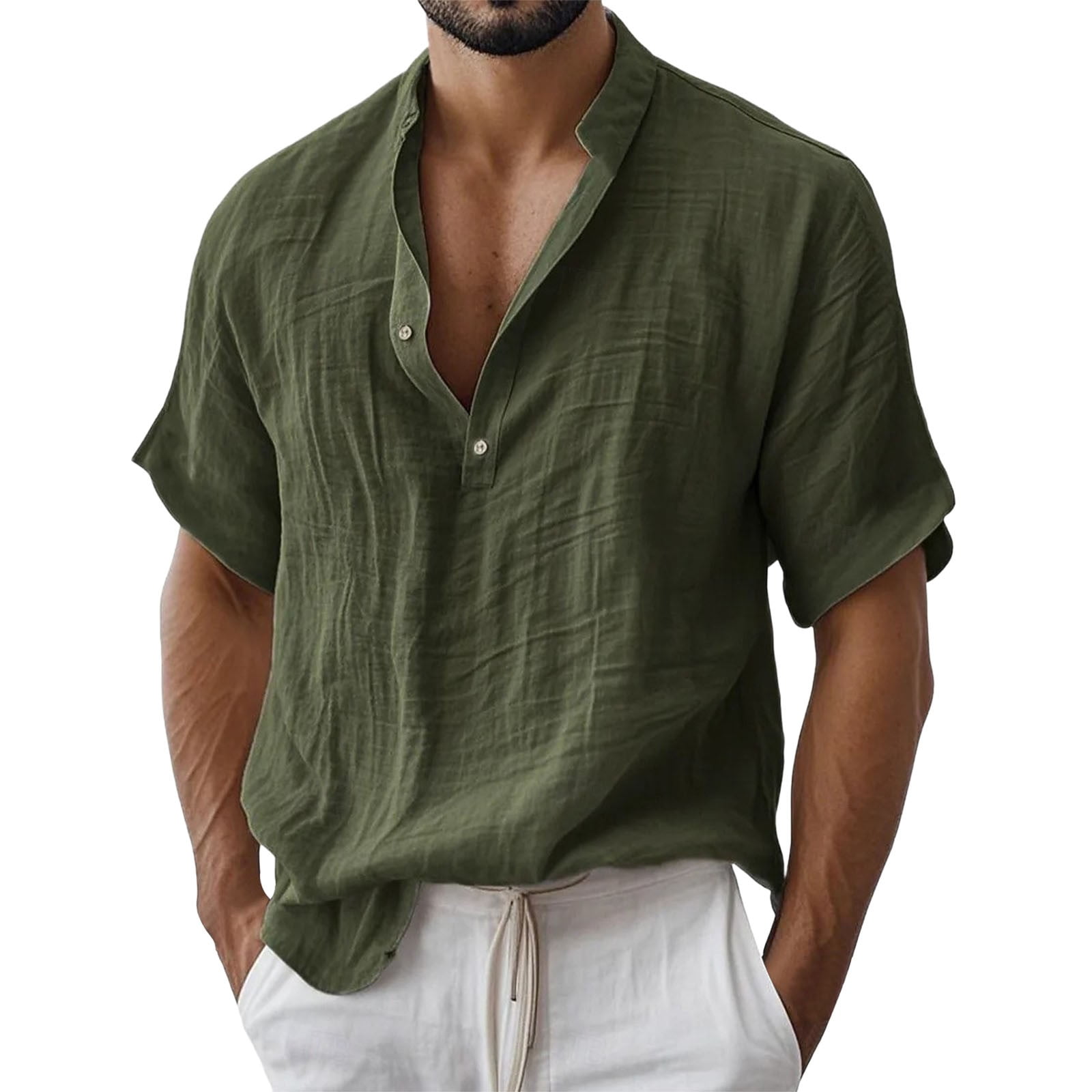 Chiccall Mens Cotton Linen T Shirts Summer Stand Collar Breathable ...