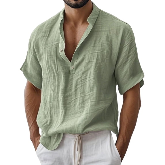 Chiccall Mens Cotton Linen T Shirts Summer Stand Collar Breathable ...