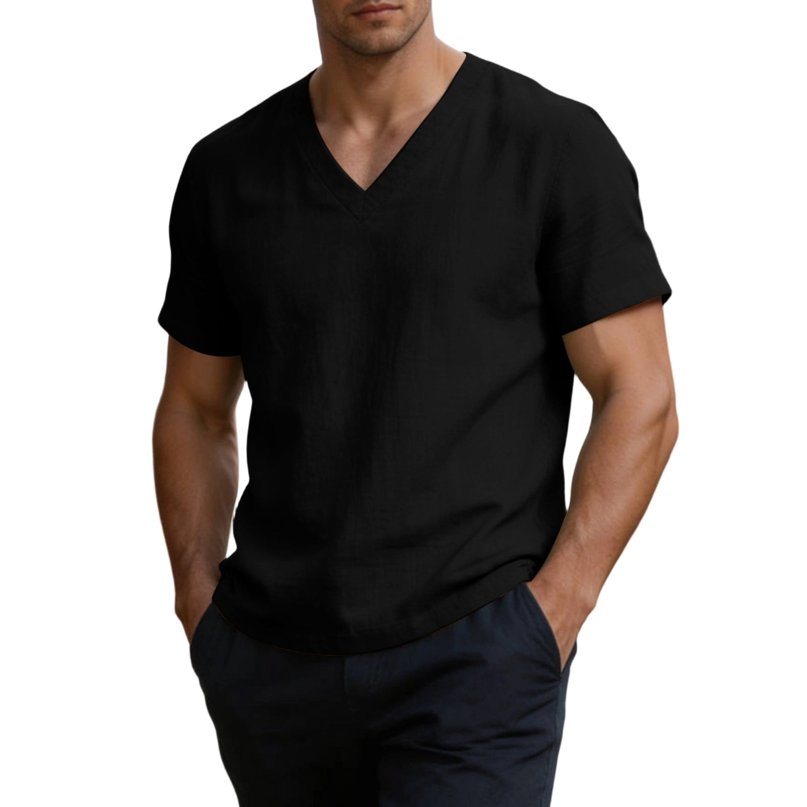 Chiccall Mens Cotton Linen Tees Summer Breathable Lightweight V Neck ...