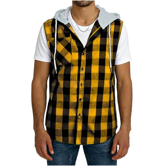 Chiccall Mens Flannel Shirts Button Down Sleeveless Drawstring Plaid ...