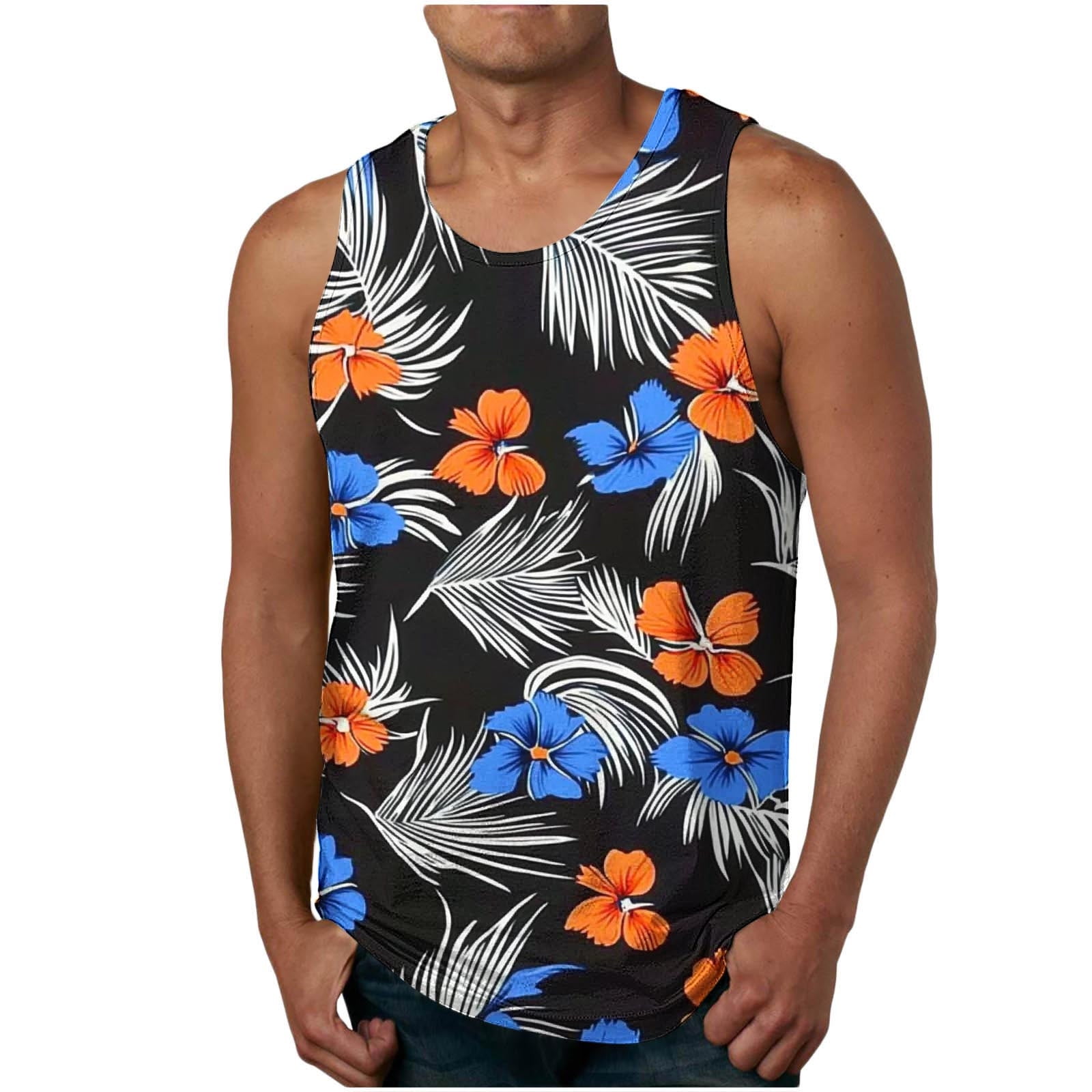 Chiccall Mens Hawaiian Floral Tank Tops Summer Beach Tropical Graphic ...
