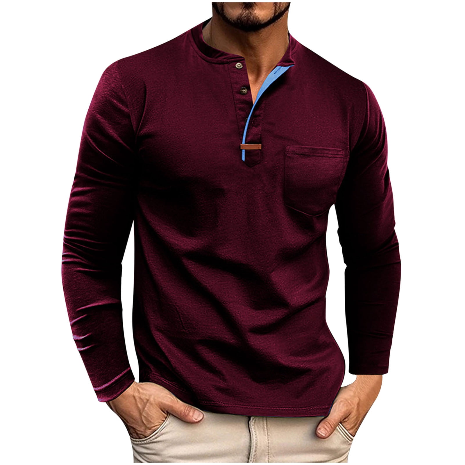Chiccall Mens T-Shirts Long Sleeve Crew Neck Buttons Tees Fashion ...